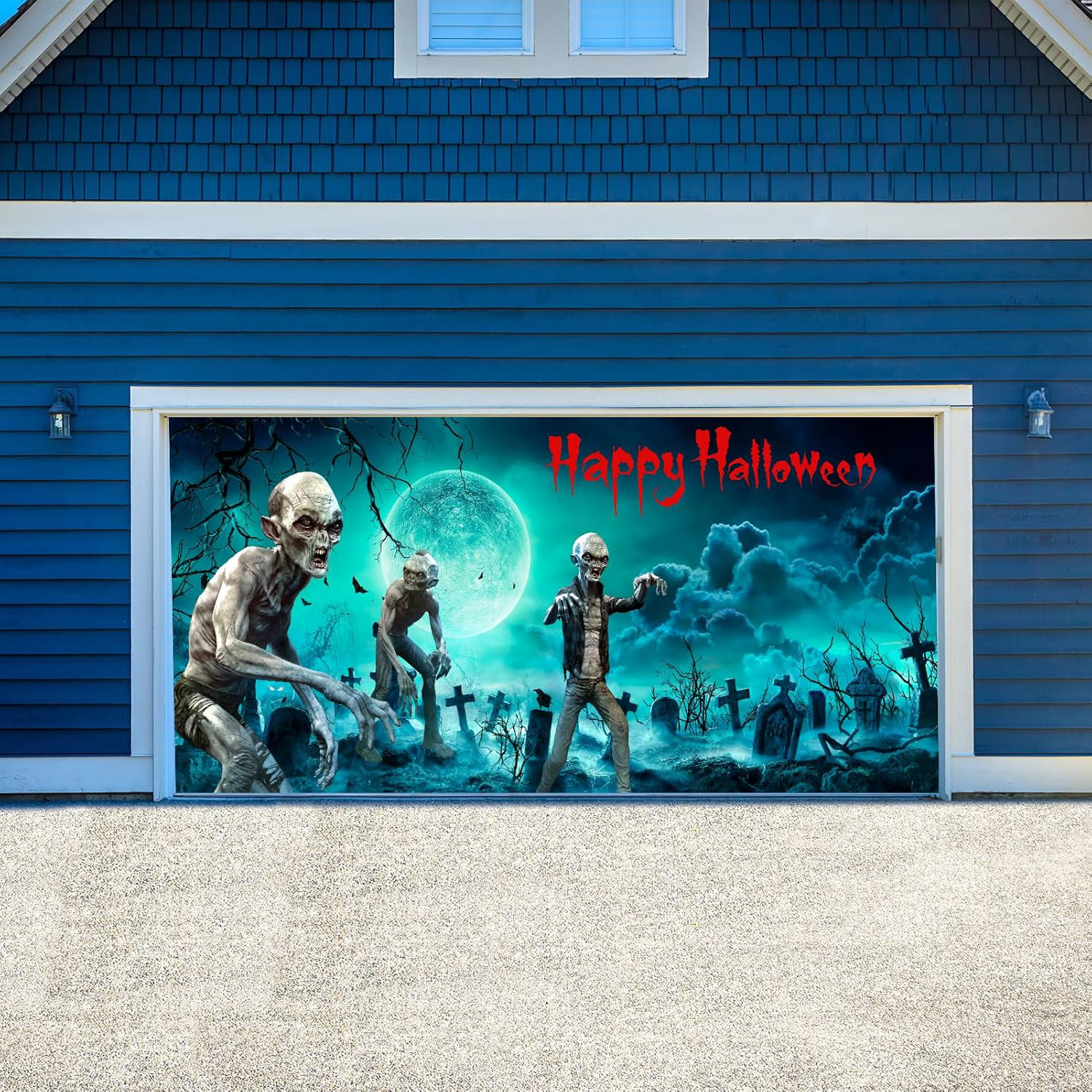 The Holiday Aisle Garage Buddy Halloween Zombies Halloween Garage Door Cover Large Halloween Double Garage Door Garage Door Banner Backdrop Mural Halloween Garage Door Decorations Ideas Outdoor 7X16 W...